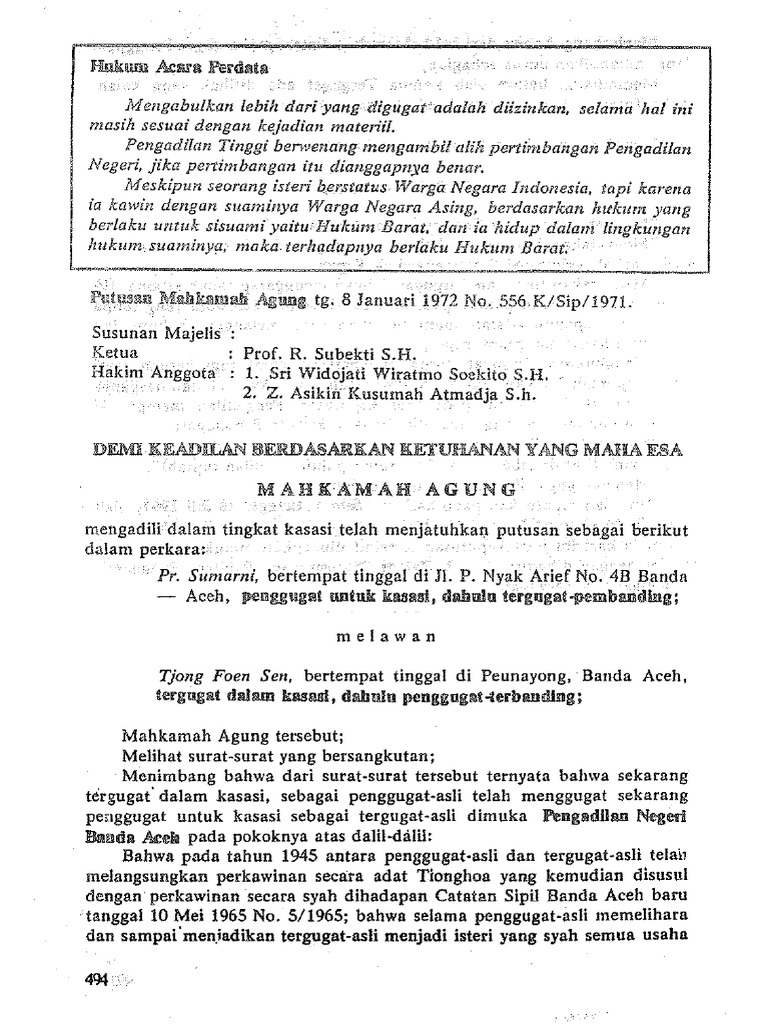 Yurisprudensi Mahkamah Agung Ri No 556k Sip 1971 Tahun 1972 Pdf 