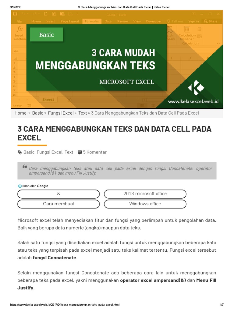 3 Cara Menggabungkan Teks Dan Data Cell Pada Excel - Kelas Excel | PDF