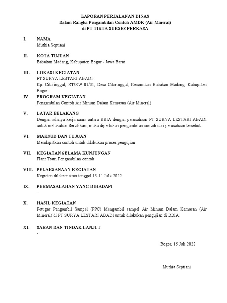 Laporan Pengambilan Contoh AMDK di SLA | PDF