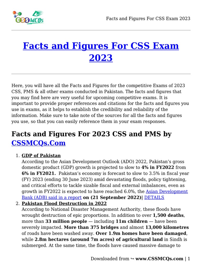Facts and Figures For CSS Exam 2023 | PDF | Water Scarcity | Pakistan