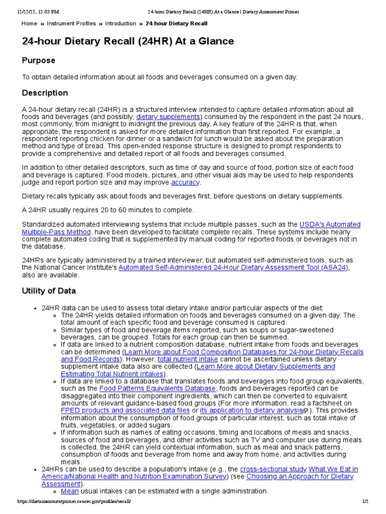 Overview of 24-Hour Dietary Recall | PDF | Foods | Food And Drink