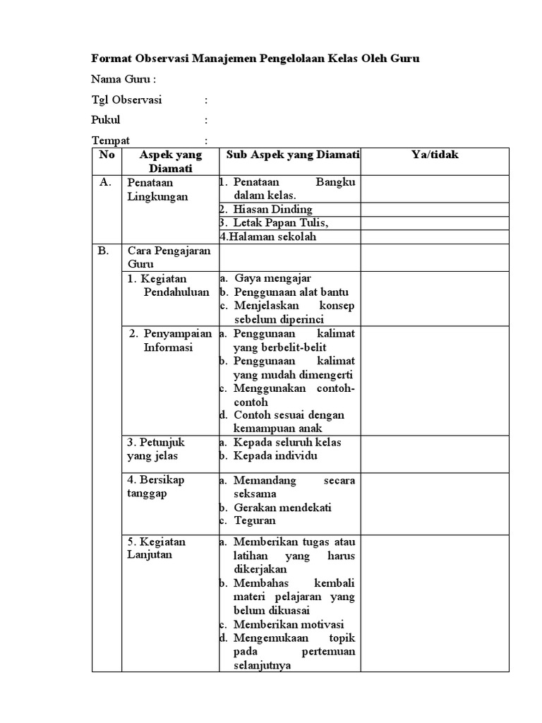 Format Observasi Manajemen Pengelolaan Kelas Oleh Guru | PDF
