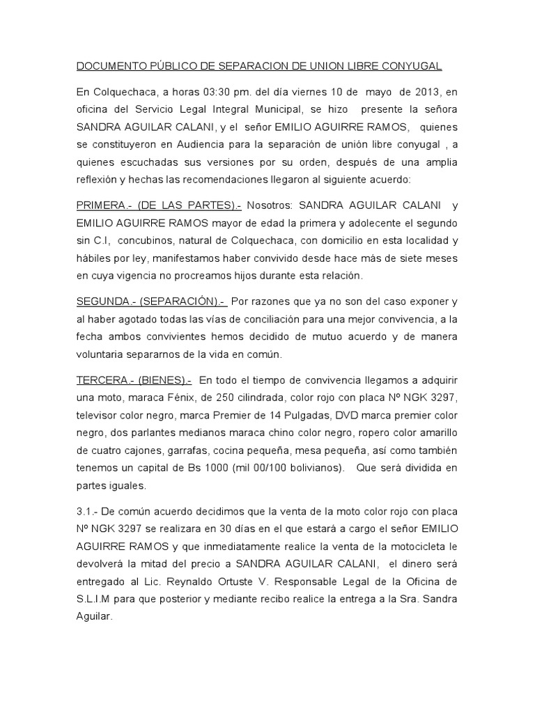 ACTA DE CONCILIACION Y ASISTENCIA FAMILIAR Emilio y Sandra | PDF