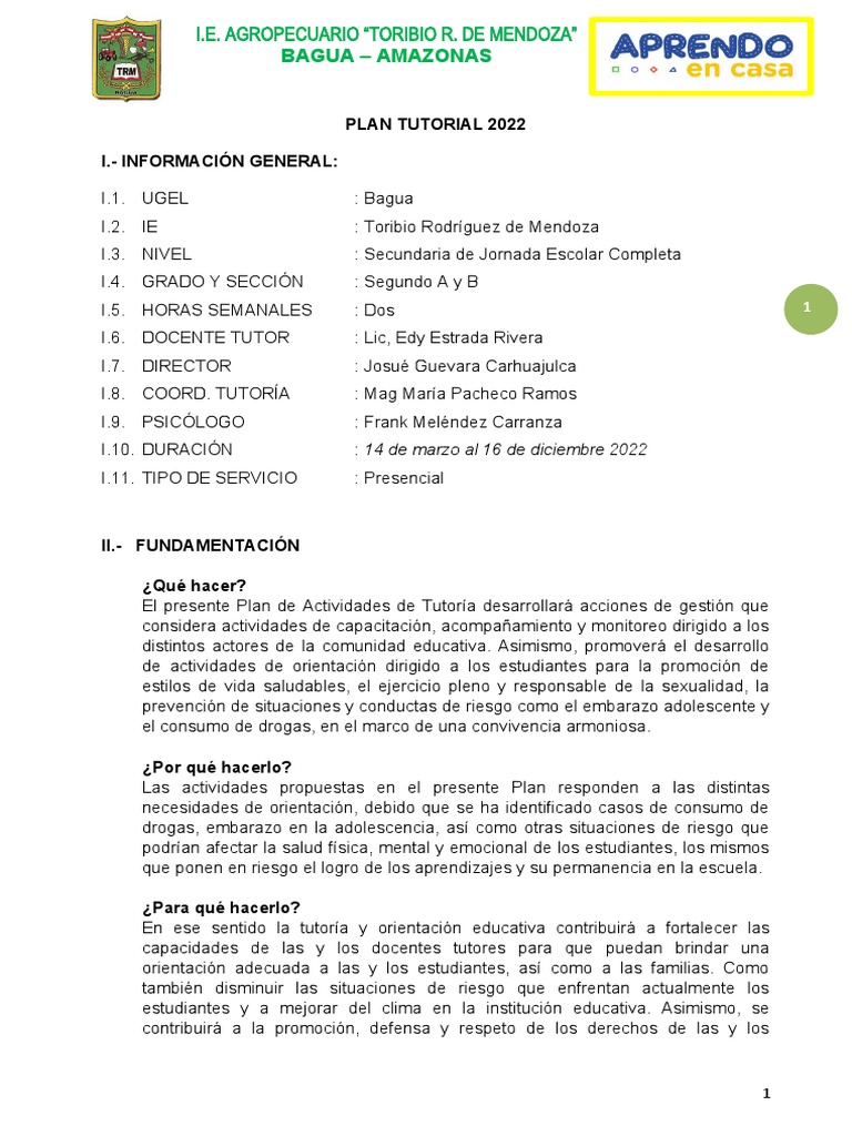 Plan Tutorial 2do A | PDF | Salón de clases | Maestros