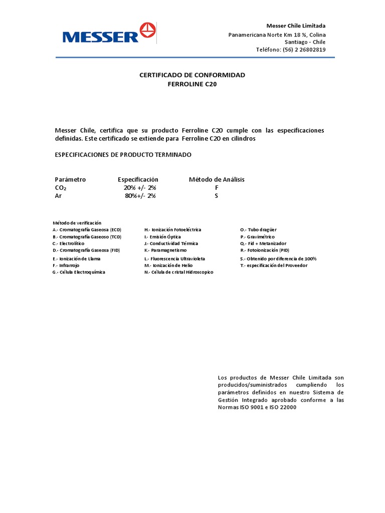 Certificado Conformidad Ferroline C20 Messer | PDF