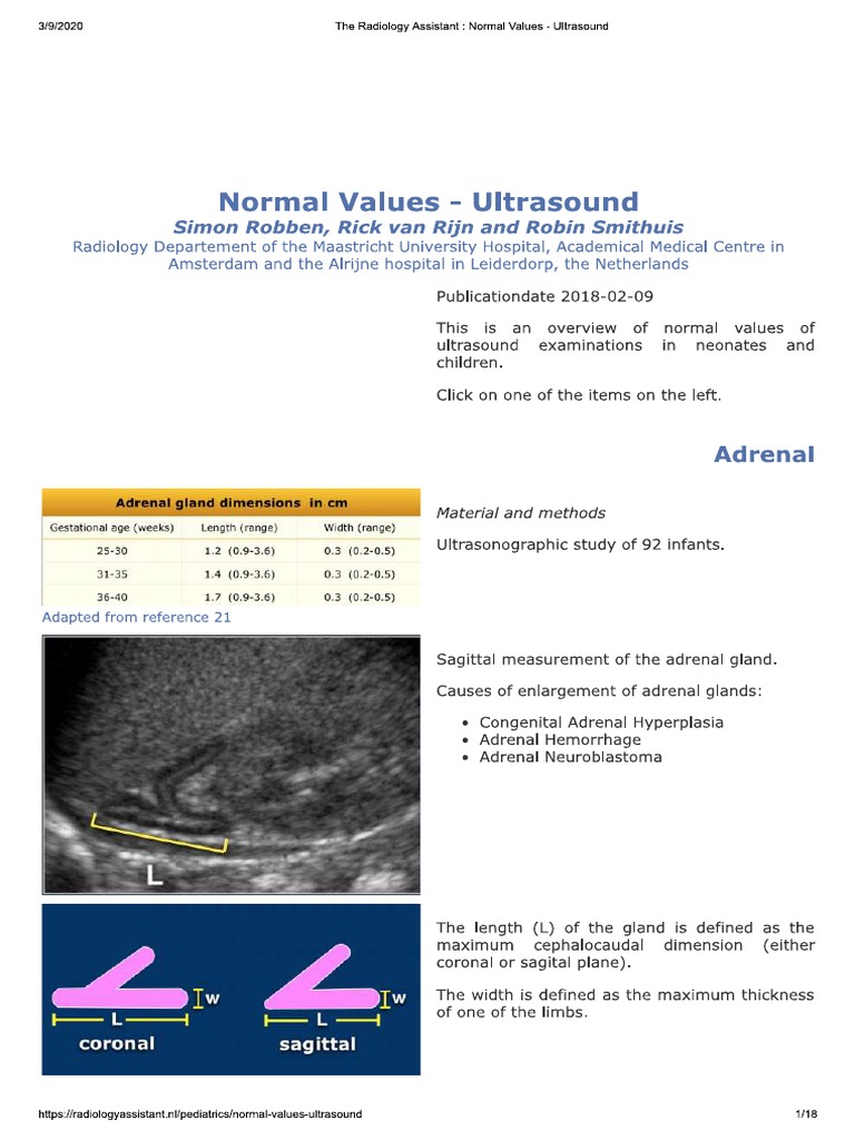 Normal Values Ultrasound - Paediatrics | PDF