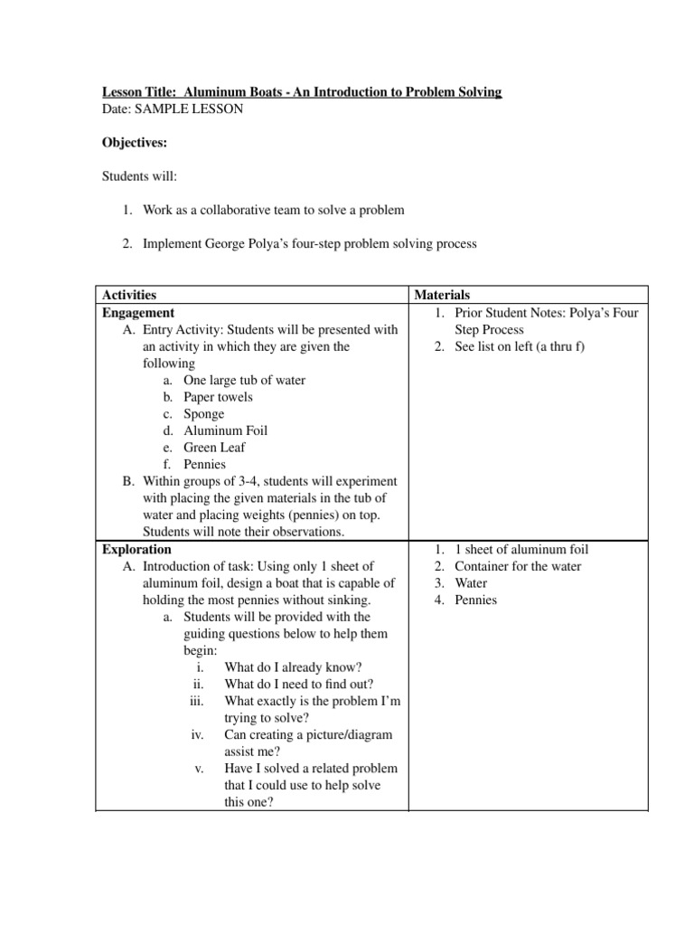 5e Sample Lesson Plan - Aluminum Boats | PDF | Cognition | Cognitive ...