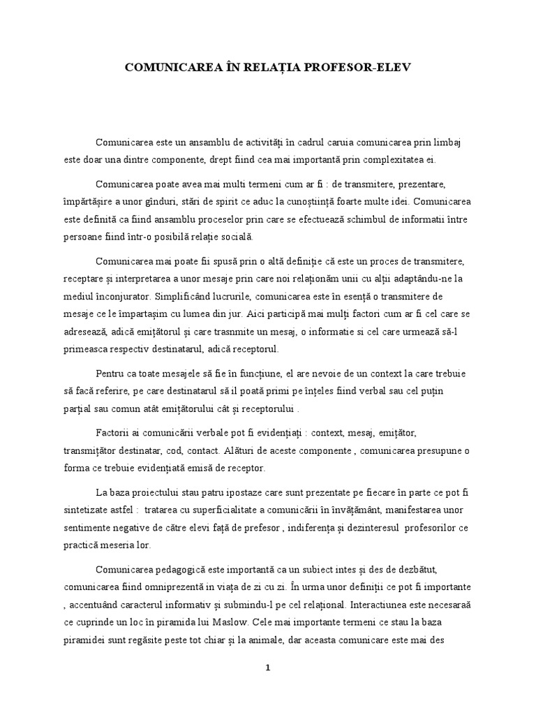 Comunicarea in Relatia Profesor-Elev | PDF