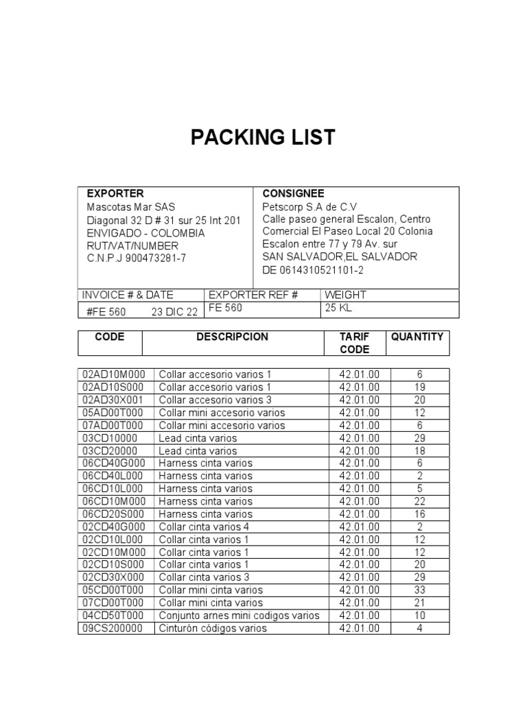 Lista Empaque Salvador 560 | PDF