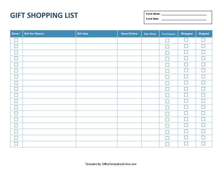 Gift Shopping List Template | PDF