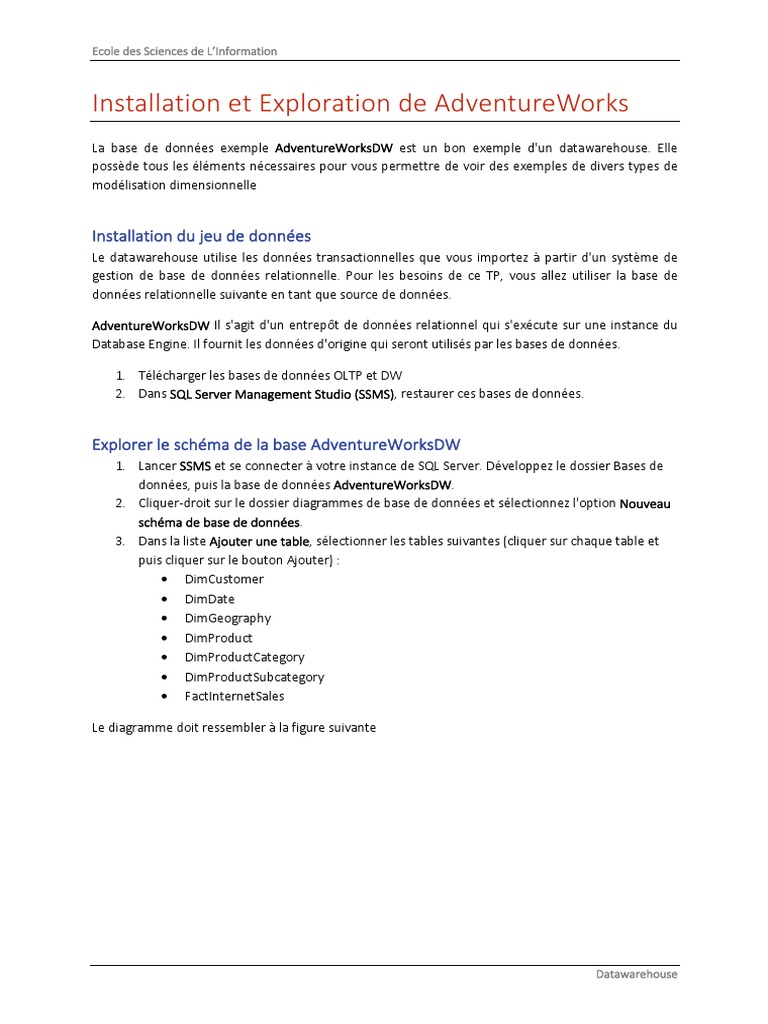 DW - 01 - Installation Et Exploration de AdventureWorks | PDF | Bases de données | Microsoft SQL ...