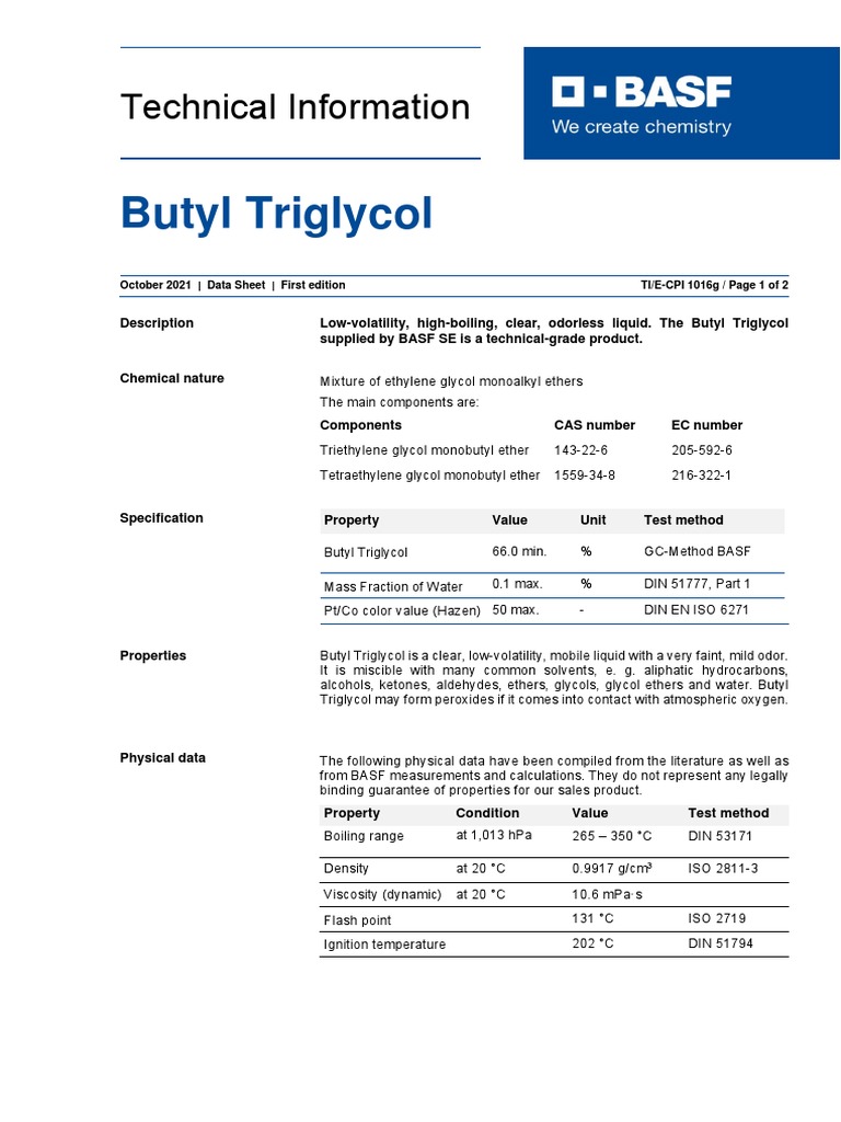 Butyl Triglycol Data Sheet 2021 | PDF | Ether | Chemical Substances