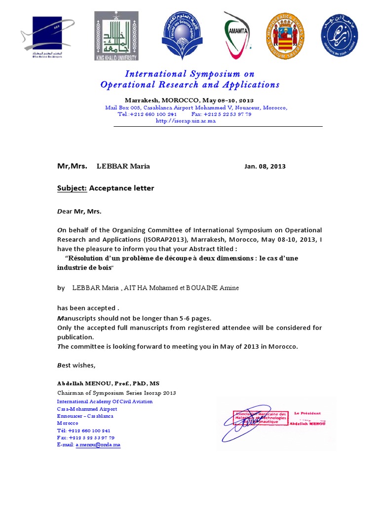 Acceptance Letter ISORAP 2013 | PDF