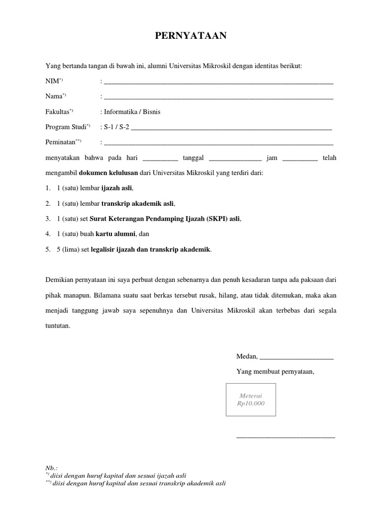 Surat Pernyataan Pengambilan Dokumen Kelulusan 2022 | PDF
