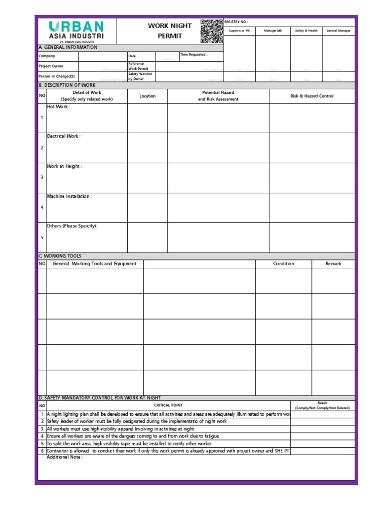 Form Work Night Permit PT - UAI CSMS | PDF | Safety | Occupational ...