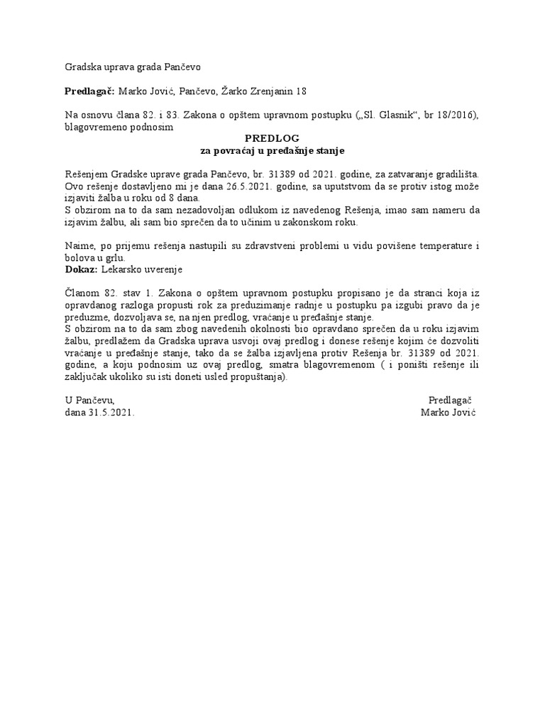 Predlog Za Povracaj | PDF