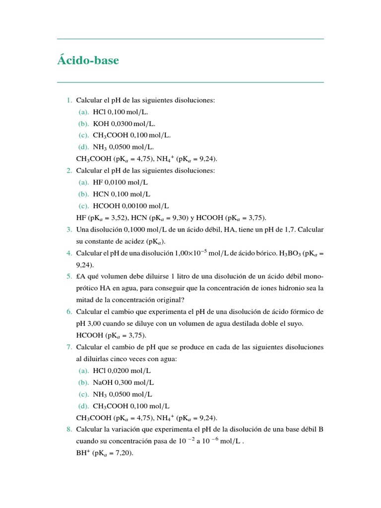 01 Ejercicios Ac Ba | PDF | Constante de disociación ácida | Solución tampón