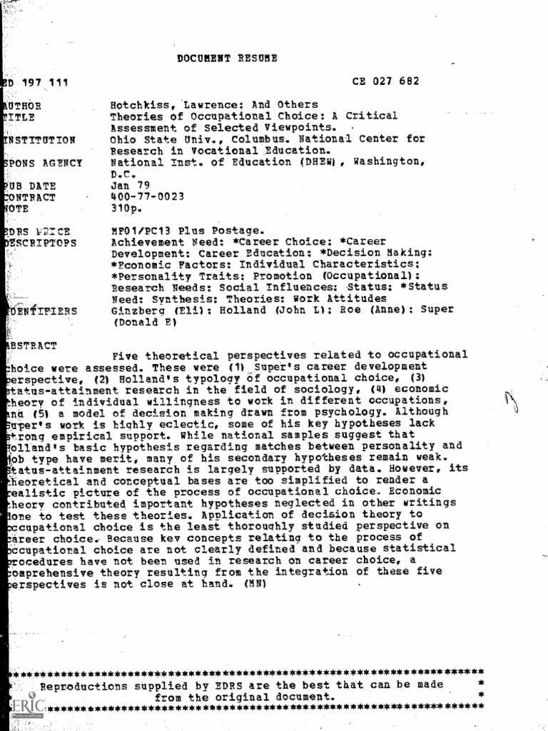Theories of Occupational Choice - A Critical Assessment of Selected ...