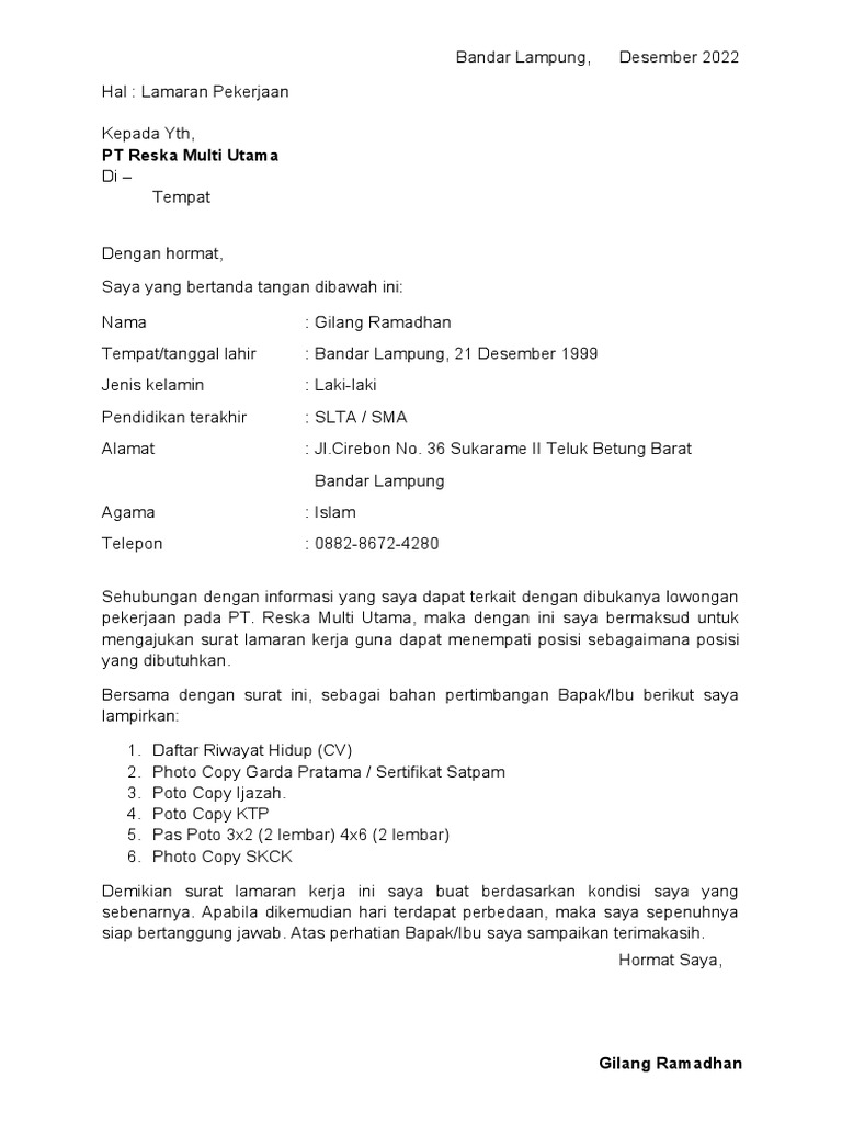 Lamaran Kerja Gilang Ramadhan di PT Reska | PDF