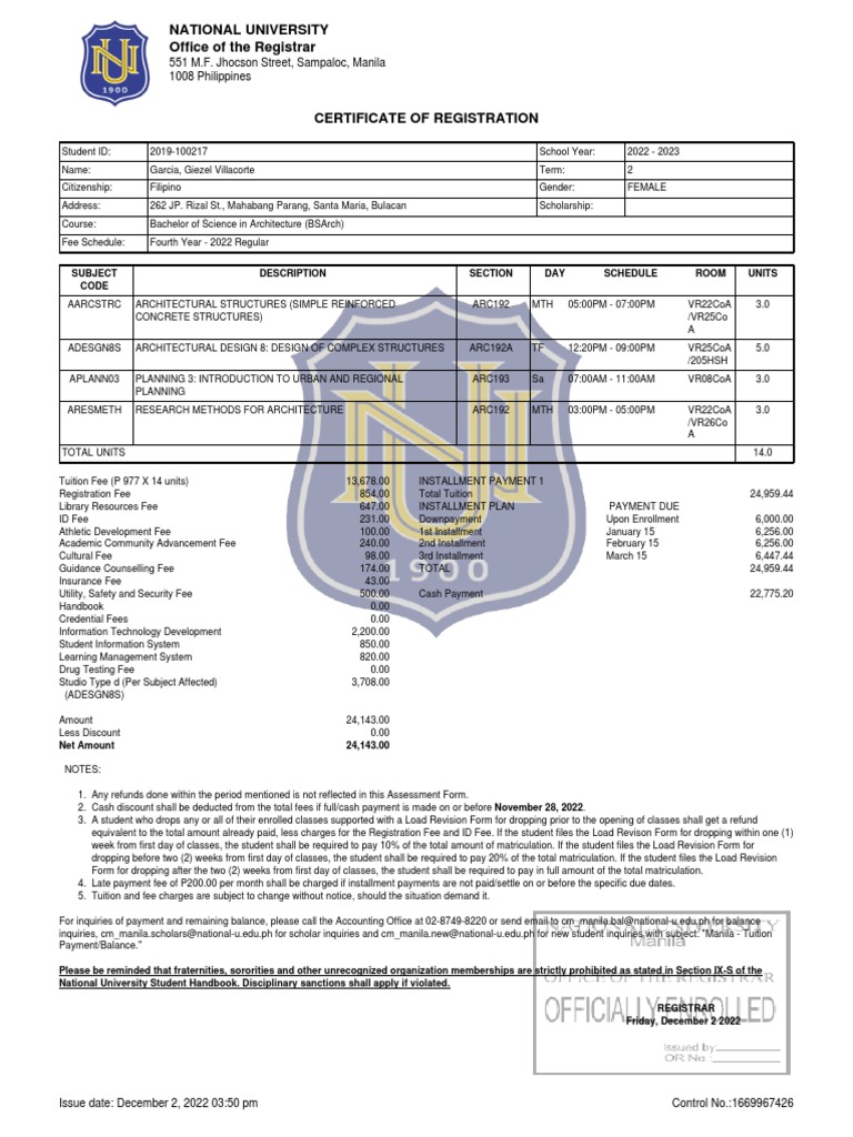 CertificateOfRegistration 2019 100217 | PDF | Fee | Tuition Payments