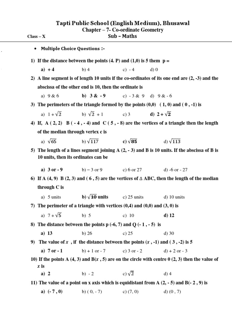 Multiple Choice Questions on Coordinate Geometry from Tapti Public ...