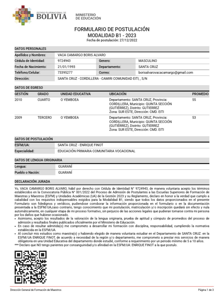 Formulario de Postulación: Modalidad B1 - 2023 | PDF