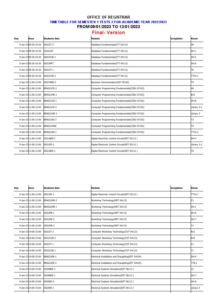 Semester 1 Test Timetable for Academic Year 2022/2023 | PDF | Computer ...