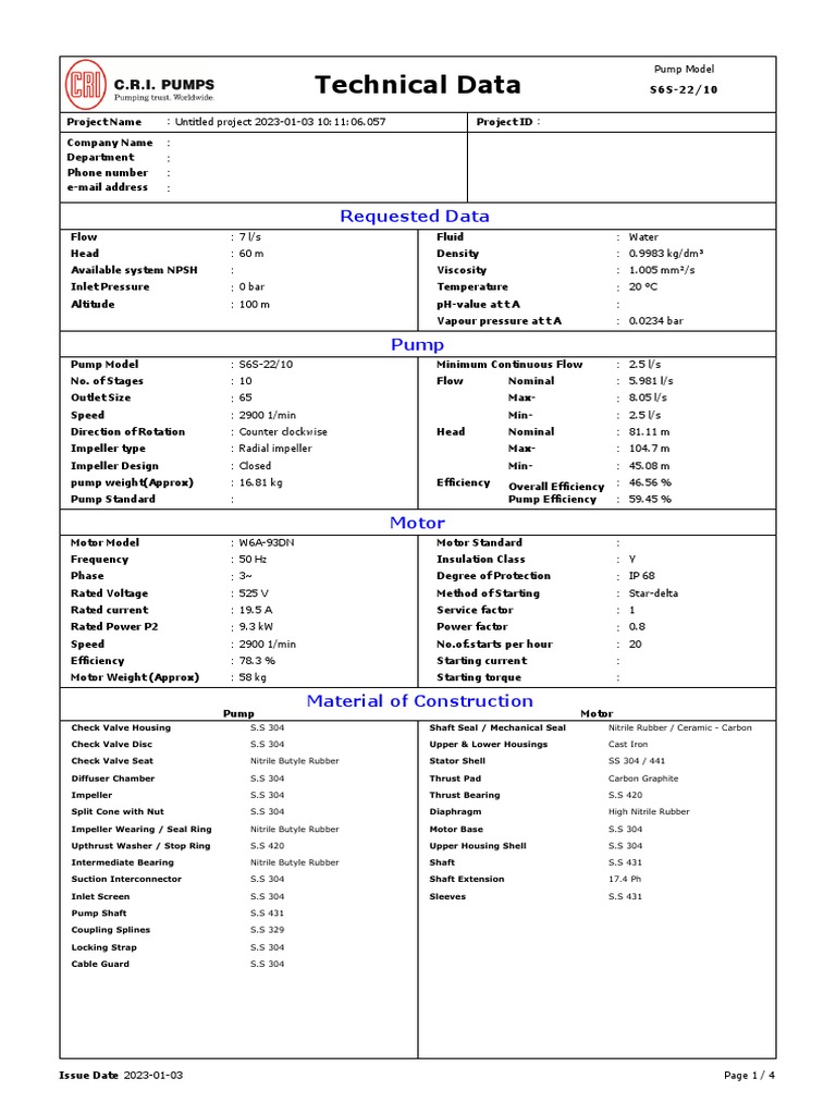 Data Sheet S6S-22 10, 9.3kW, 2 1 2 BSP Sub Pump 6 50Hz (19mm) | Download Free PDF | Pump ...
