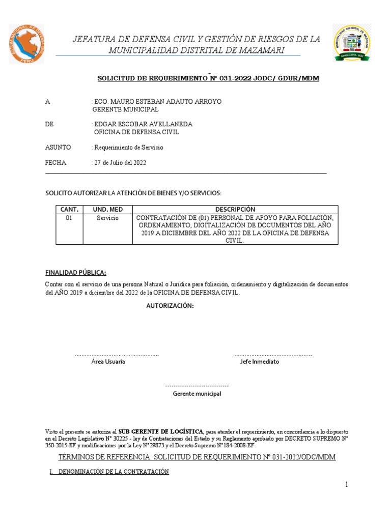Solicitud de Requerimiento #031-2022 Jodc Gdurmdm | PDF | Defensa Civil