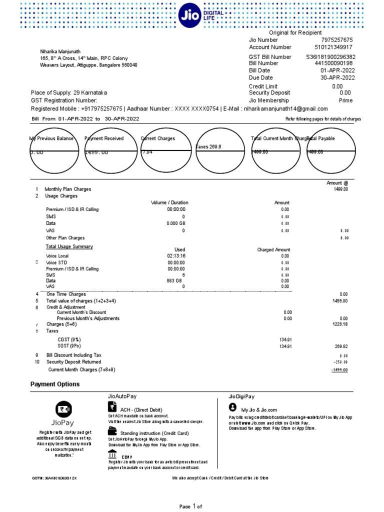 Analysis of a Jio Telecom Bill Document Providing Details of Charges, Payments, Taxes, and ...