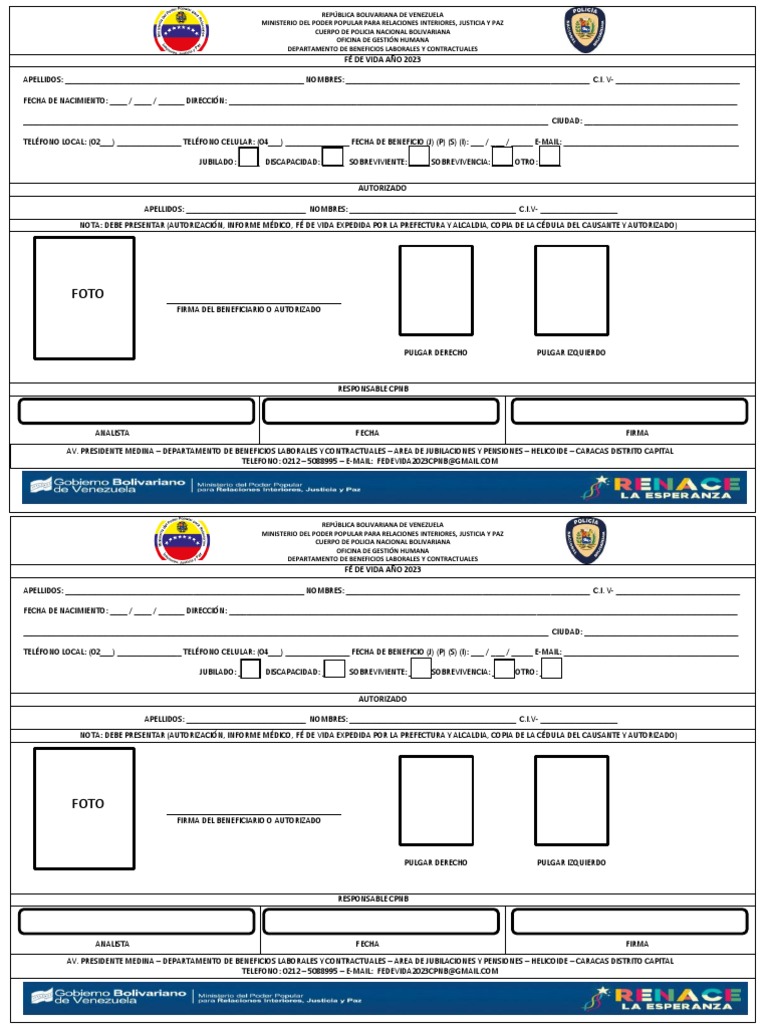 Fe de Vida CPNB 2023 - Editable | PDF | Gobierno | Venezuela