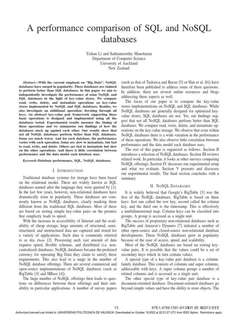 A Performance Comparison Of Sql And Nosql Databases Pdf No Sql Databases