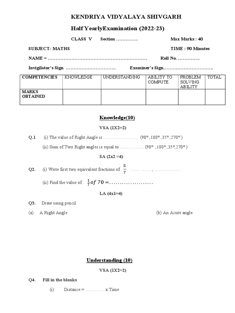 Half Yearly Class-5 Maths SetA | PDF | Arithmetic | Elementary Mathematics