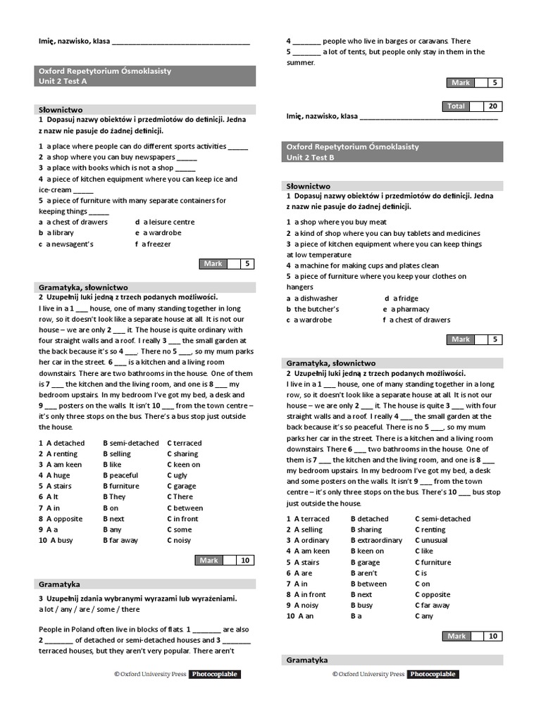 Oxford Repetytorium Ósmoklasisty Unit - 2 - Test | PDF | Bedroom | Home ...
