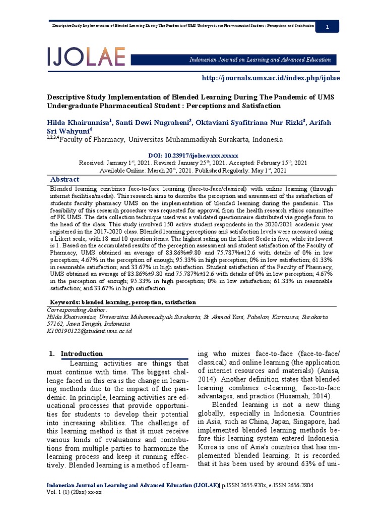 Descriptive Study Implementation of Blended Learning During The Pandemic of UMS Undergraduate ...
