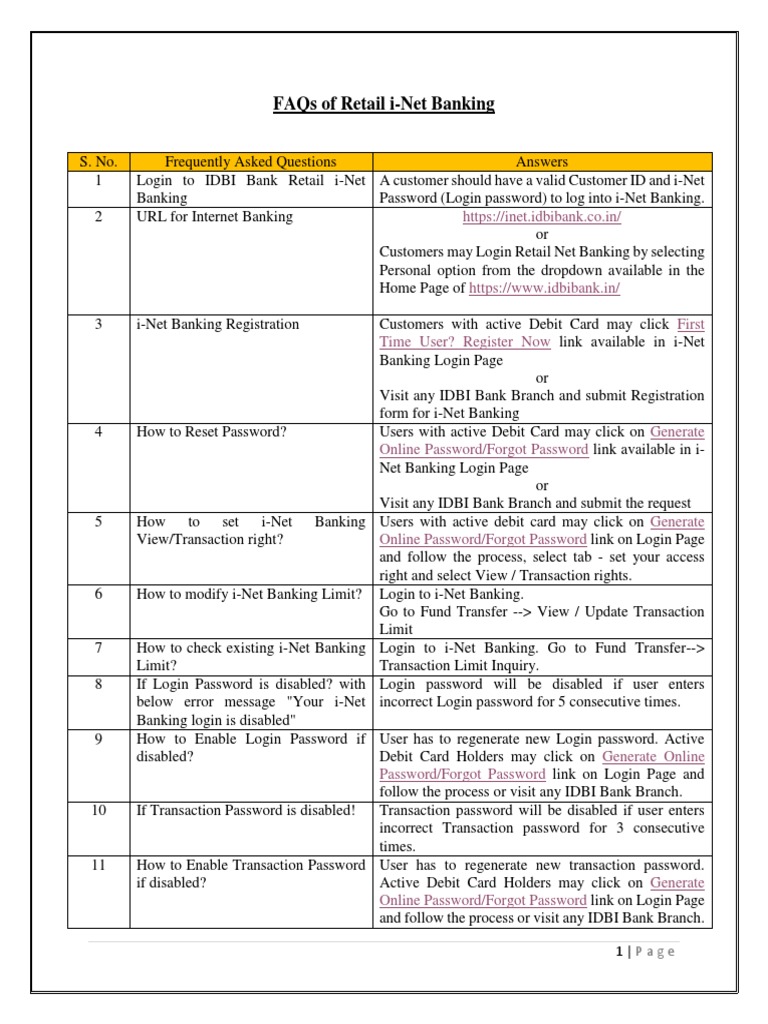 IDBI Bank i-Net Banking FAQs | PDF | Password | Login