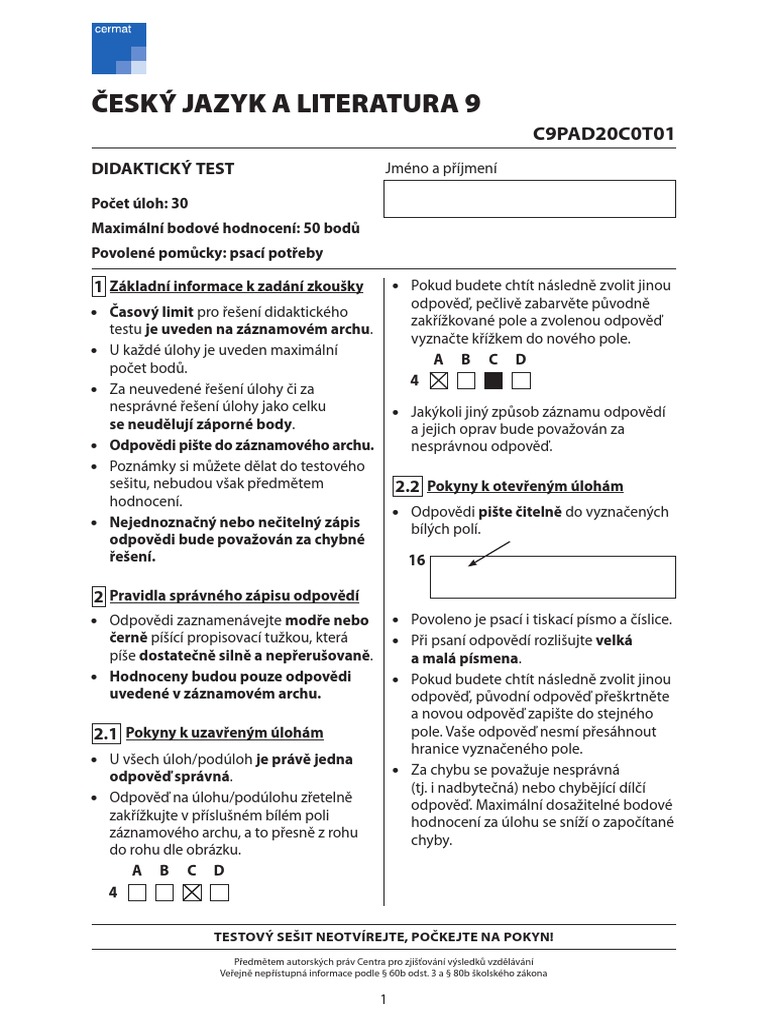 Statni Prijimacky Cesky Jazyk Test Zadani 2020 Ctyrlete Obory | PDF