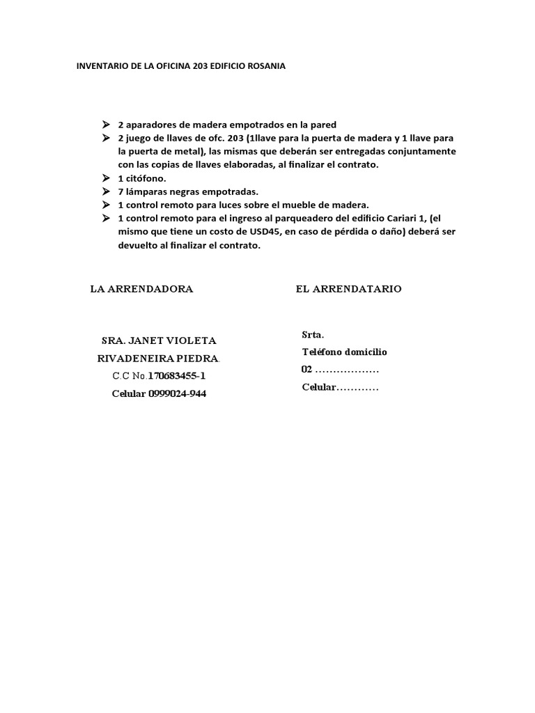Inventario de La Oficina 203 Edificio Rosania | PDF