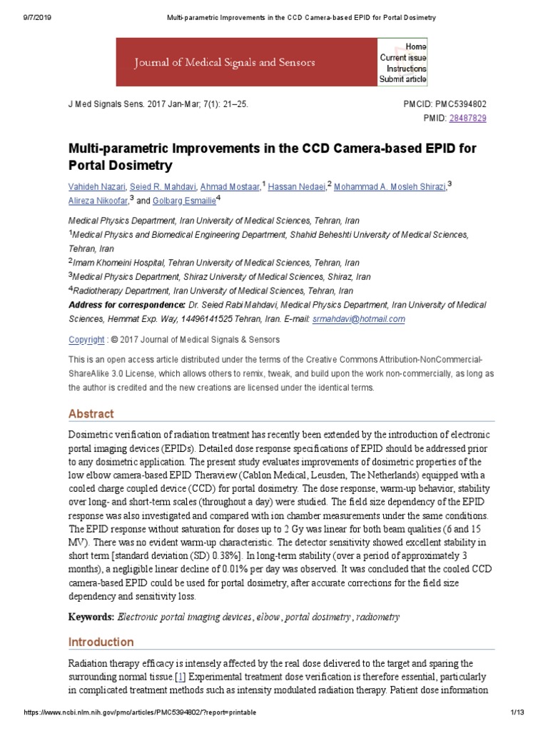 Multi-Parametric Improvements in The CCD Camera-Based EPID For Portal Dosimetry | PDF | Absorbed ...