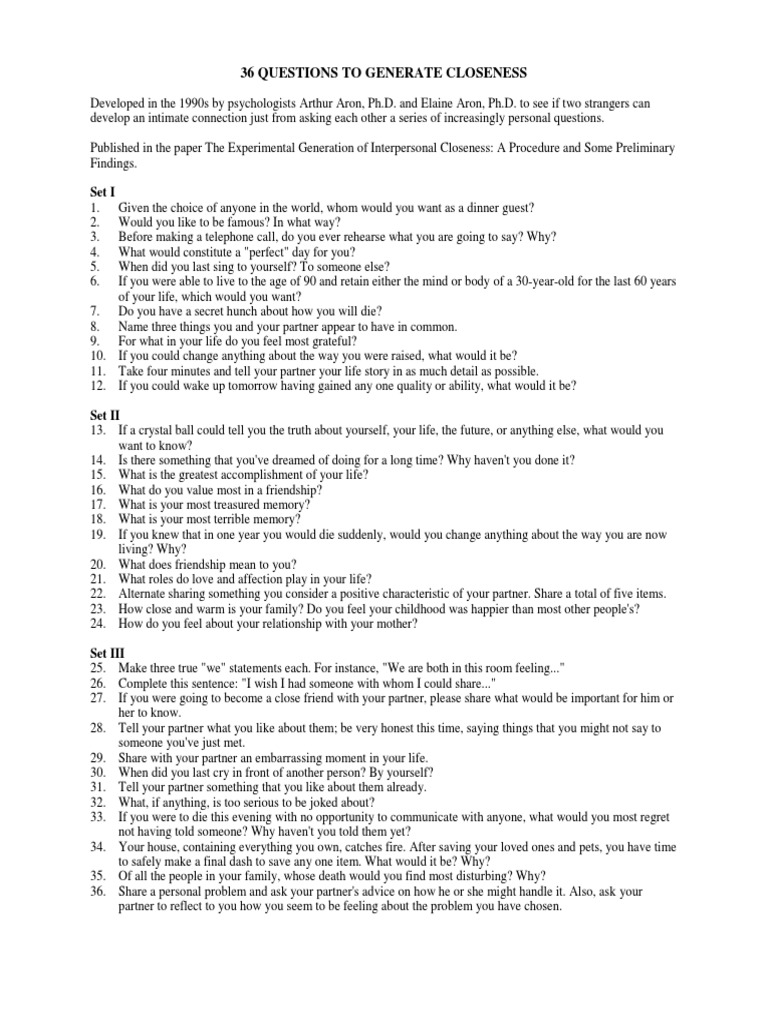 36 Questions To Generate Closeness | PDF | Friendship