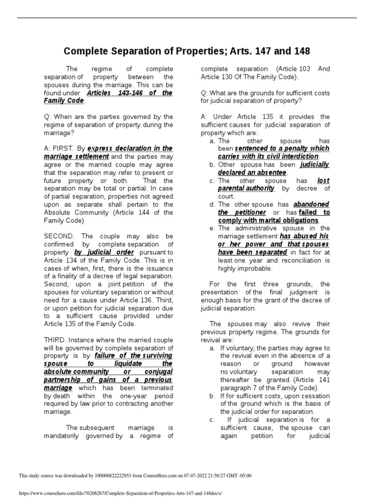 Complete Separation of Properties Arts. 147 and 148 | PDF | Marriage ...