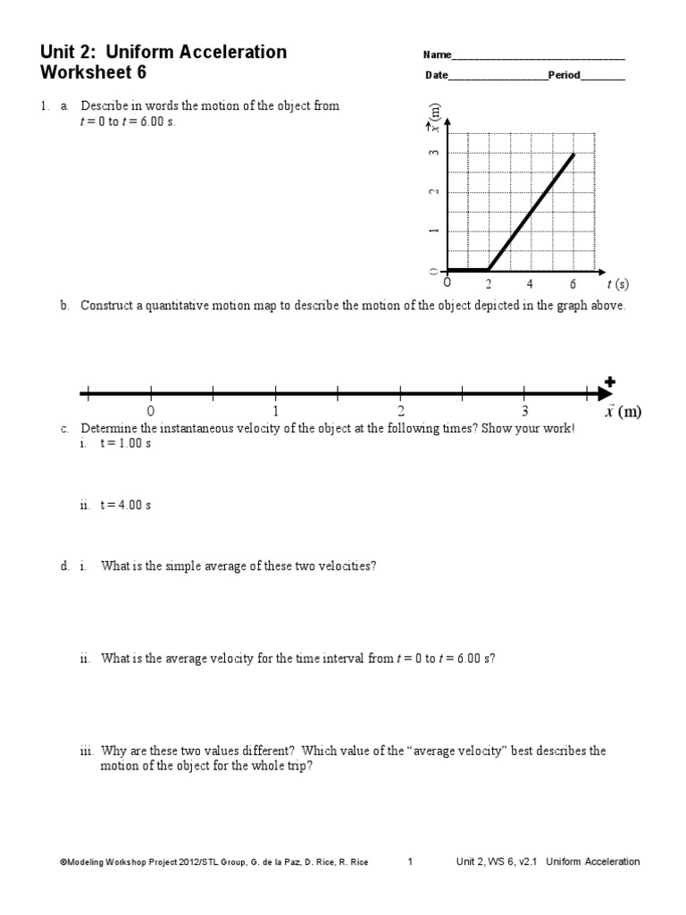 Unit 2: Uniform Acceleration Worksheet 6: T 0 To T 6.00 S | PDF ...