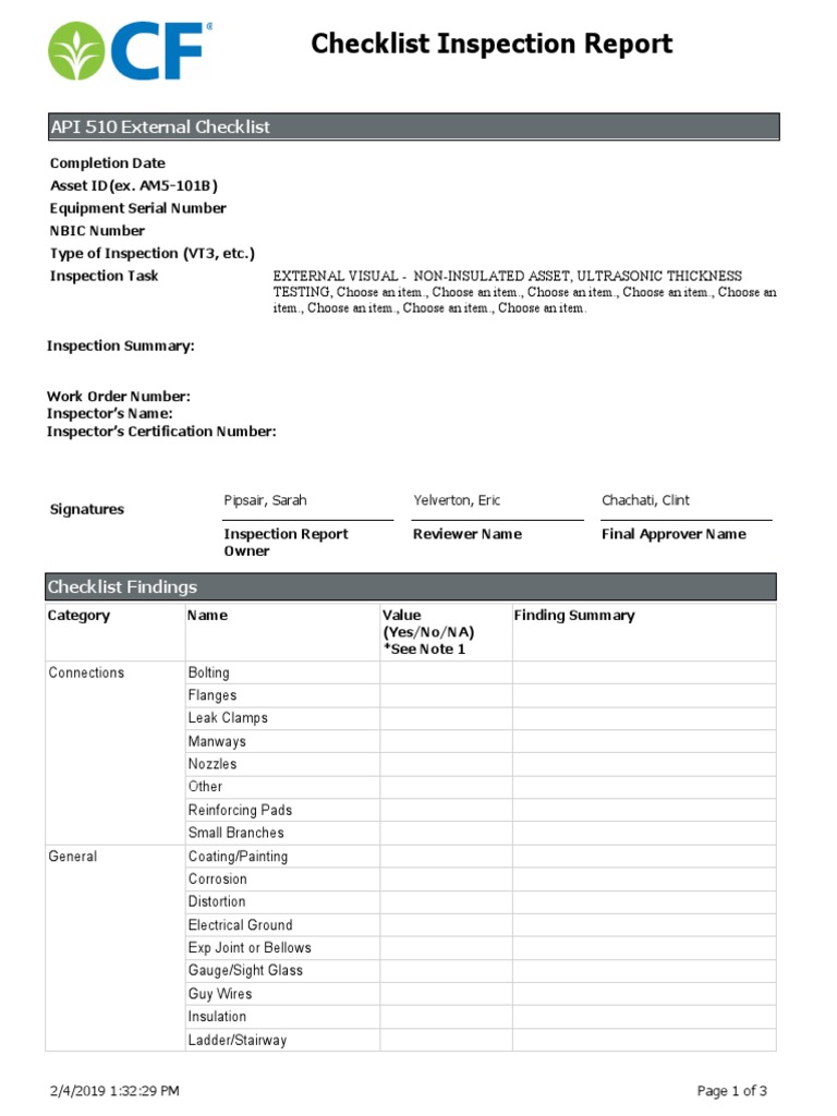 Meridium API 510 External Checklist Inspection Report Template | PDF ...