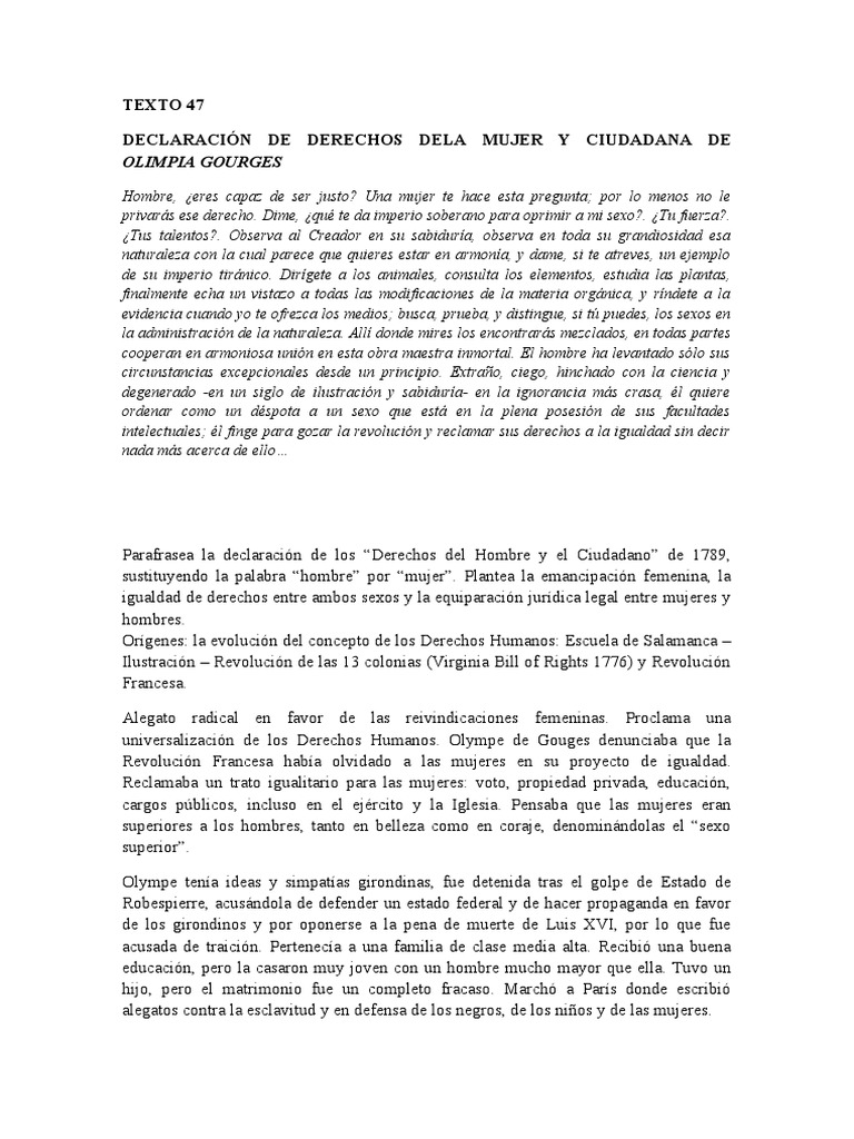 TEXTO 47 DECLARACI+ôN DE DERECHOS DE LA MUJER Y CIUDADANA DE OLIMPIA ...
