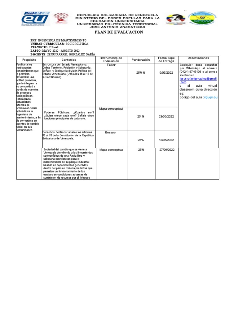 PLAN DE EVALUACION Trayecto 2 Face 1 | PDF | Evaluación | Venezuela