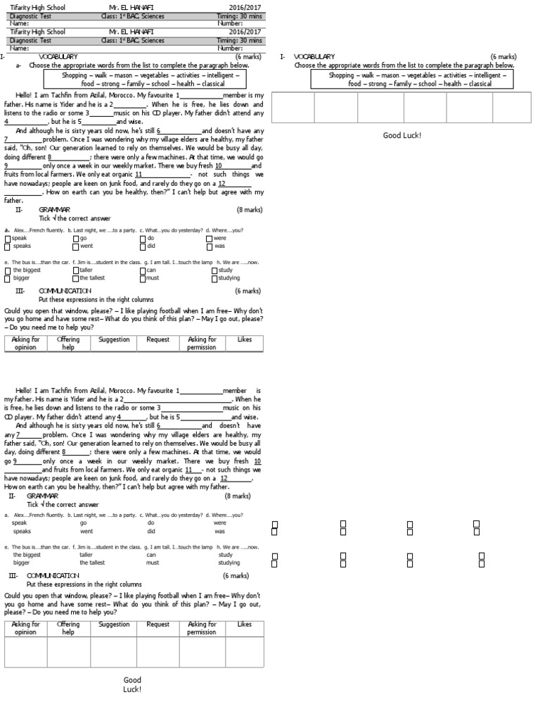 Diagnostic 1 BAC Hanafi | PDF | Linguistics