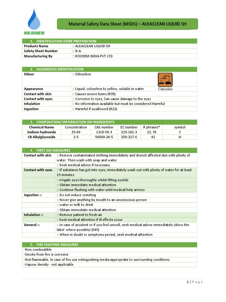 HOLDCHEM MSDS Alcaclean Liquid SH | PDF | Dangerous Goods | Water
