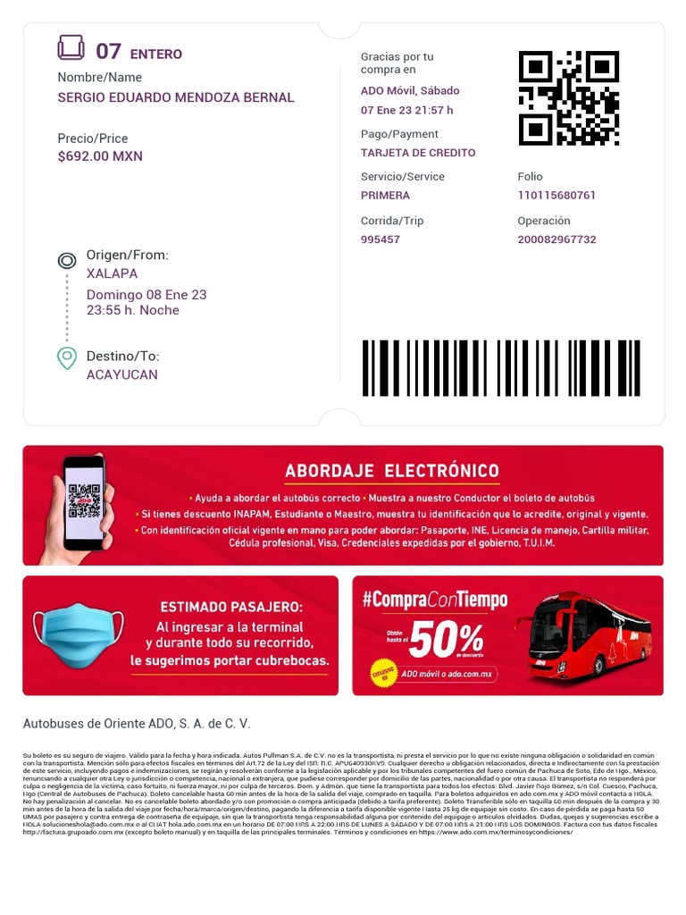 Boleto de Autobús ADO: Información y Condiciones | PDF