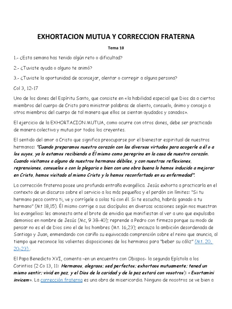 EXHORTACION MUTUA Y CORRECCION FRATERNA Tema 10 | PDF | Amor | Jesús