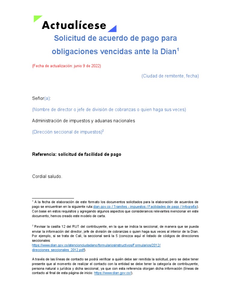 Solicitud de Acuerdo de Pago a la DIAN | PDF